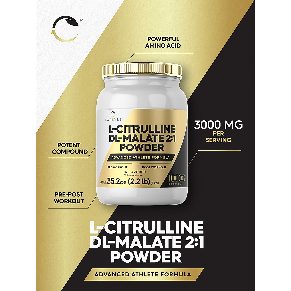 Carlyle L Citrulline Malate Powder | 3000mg | 2:1 | Unflavored | 1 Kg Container | Vegetarian, Non-GMO, Gluten Free