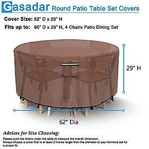 Gasadar Patio Furniture Covers, Waterproof Outdoor Furniture Cover, 600D Heavy Duty Round Patio Table & Chairs Set Cover, All Weather Protection Covers for Patio Furniture Set, 62" Dia x 28" H -Brown