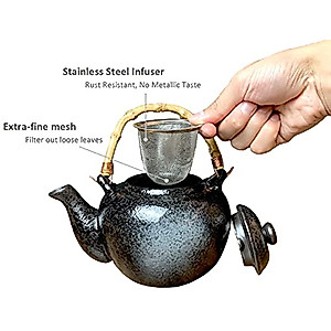Japanese Asian Tea Set Ceramic Teapot with Strainer, Rattan Handle, 4 Tea Cups, Tea Scoop, Wooden Serving Tray and Instructions - Modern Teapot Set for Home and Office - Gift