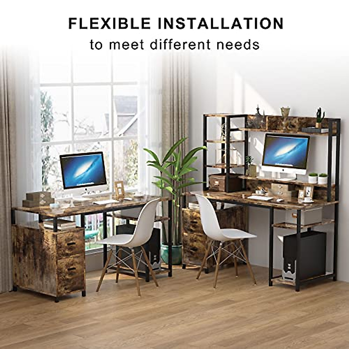 PAKASEPT Computer Desk with Hutch and Storage Shelf, 55" Home Office Desk with Drawer and Monitor Stand Riser Drawer Industrial Study Writing Table Workstation for Home and Office