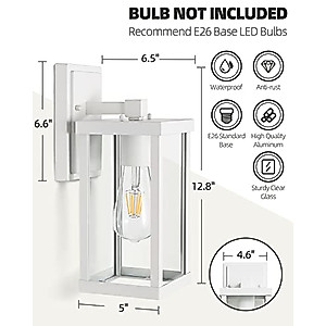 Eidonta Outdoor Wall Sconce, 2 Pack Exterior White Wall Lantern Light Fixtures with Clear Glass Shade, Waterproof Wall Mount Light, E26 Socket Modern Anti-Rust Porch Lighting (Bulb Not Included)