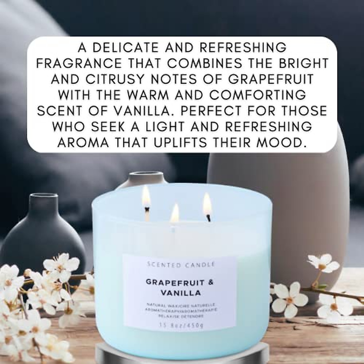 3 Wick Scented Candle | Grapefruit Vanilla Stress Relief Aromatherapy Candle with Berries, Bergamot, Rose & Lemon | 15.8 oz Highly Scented Candles for Men & Women | Large Natural Soy Candles for Home