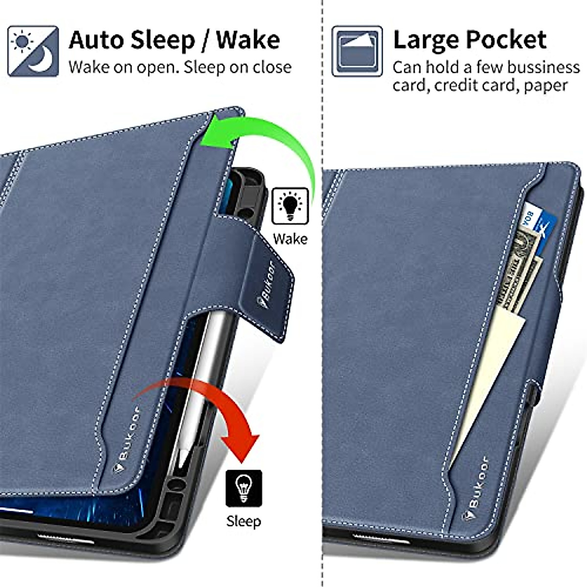 BuKoor iPad Pro 12.9 inch 2022/2021/2020/2018 Case Generation with Apple Pencil Holder PU Leather Folio Smart Stand Magnetic Clasp Shockproof Cover for iPad Pro 12.9 6th/5th/4th/3rd(Dull Blue)