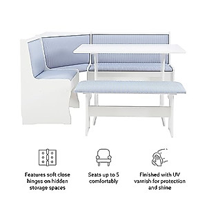 Linon Upholstered Seats and Hidden Storage Kiera Kitchen Corner Dining Nook, White and Blue Stripe