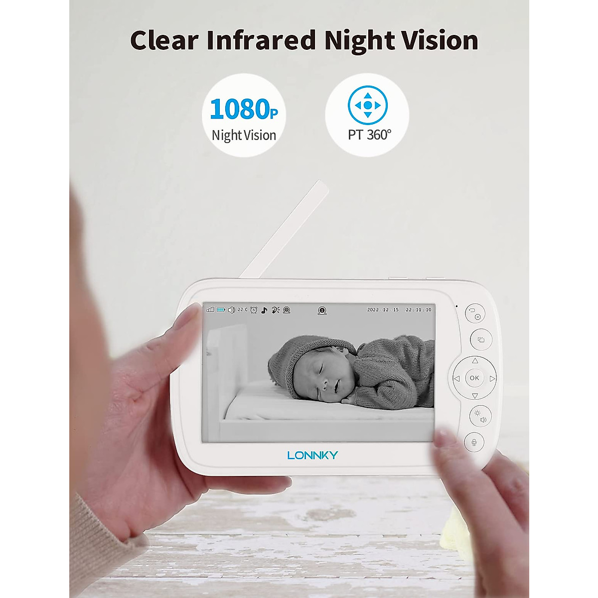 LONNKY Baby Monitor with Camera and Audio, 5" Color Display with 1080P Pan 355°/Tilt 65° Camera, 2-Way Audio, 16ft Night Vision, Temperature & Sound Alarm, Up to 1000ft Range, Support Playback