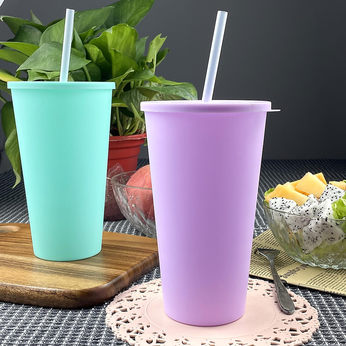 YUYUHUA 32 oz Cups with Lids and Straws - Reusable Tumbler with Lid and Straw, BPA Free Iced Travel Coffee Mug Water Bottle for Kids Adults Women (8 Pack)