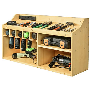 XCSOURCE Power Tool Organizers and Storage Cabinets, Wooden Drill Charging Station, 5 Slots Drill Holder Storage Racks Wall Mount with 3 Shelves for Work Bench, Wrench, Screwdriver, Drills