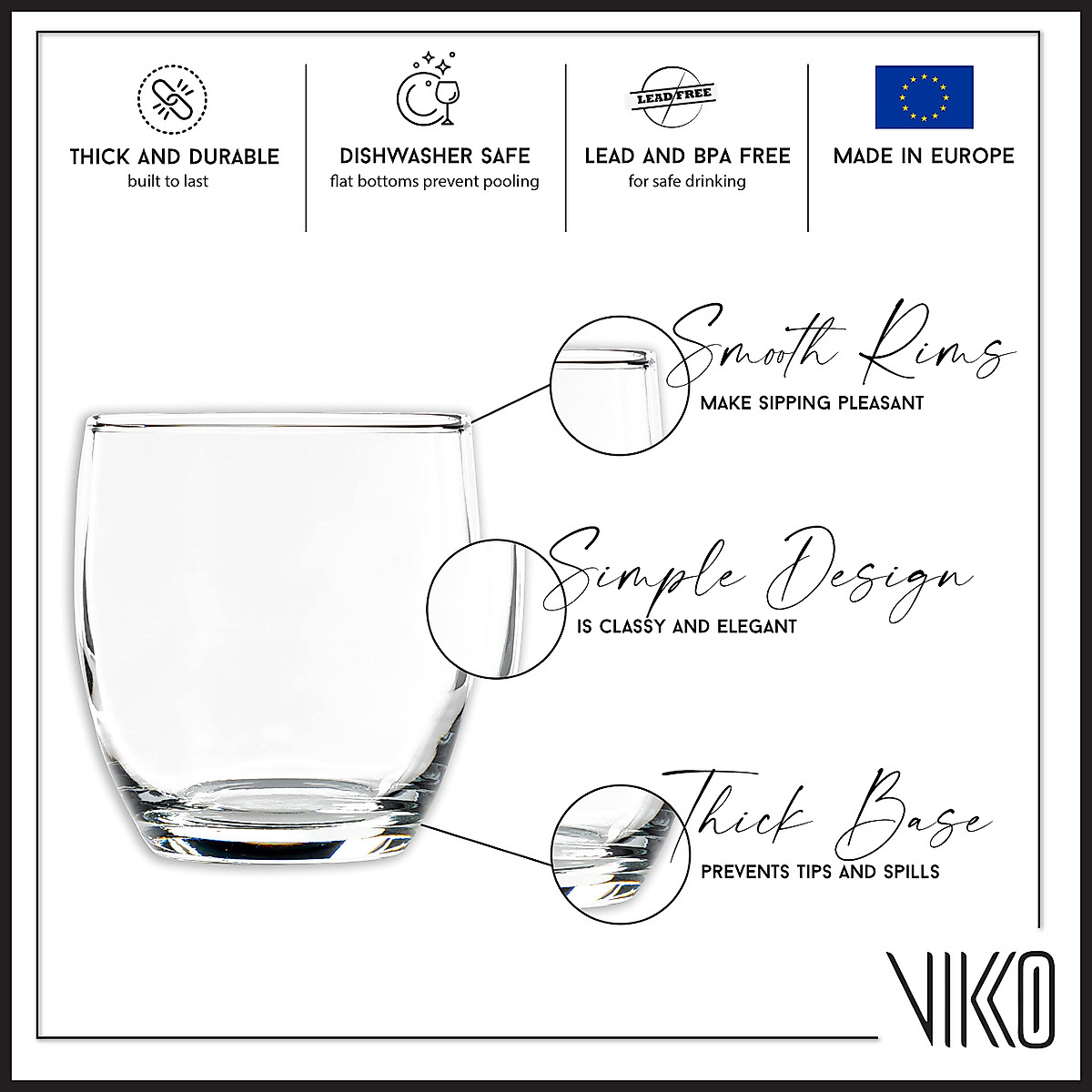Vikko 8.3 Ounce Drinking Glasses | Thick and Durable Glass – For Water, Juice, Soda, or Wine – Dishwasher Safe – Set of Six Small Clear Glass Tumblers – 2.9” Diameter x 3.2” Tall