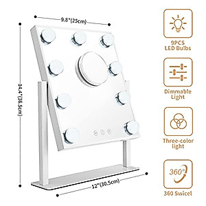 MiroFan Vanity Mirror with Lights Hollywood Mirror Lighted Makeup Mirror with Dimmable&3 Color Modes Lights, 9 LED Bulbles with Detachable 10X Magnification Mirror Lighted Makeup Mirror