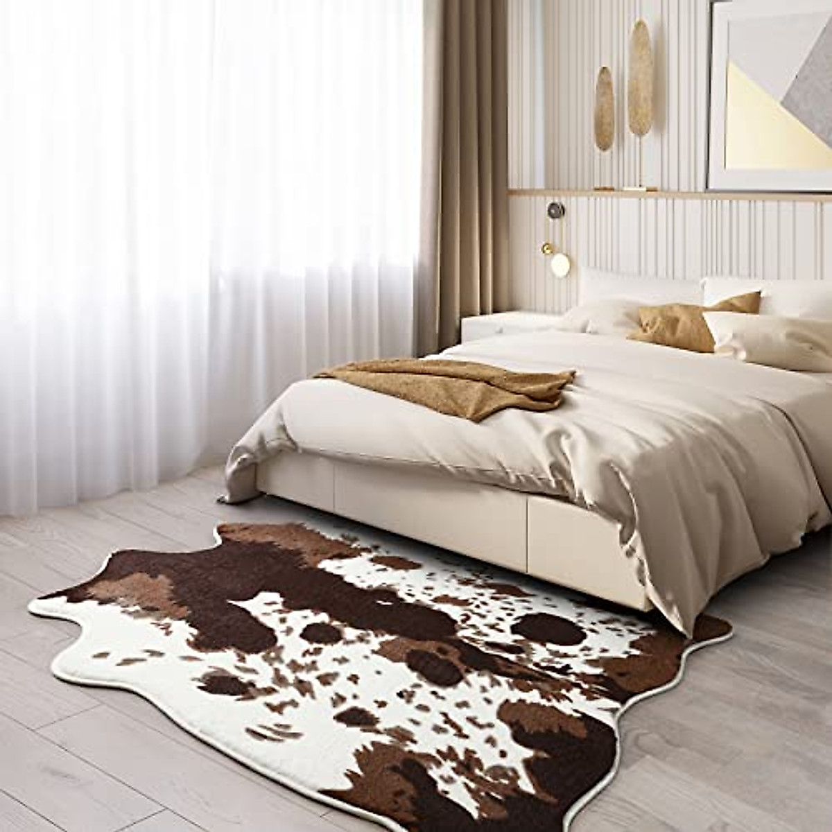Kimicole Cute Cow Print Rug Faux Cowhide Rug, Upgraded Fluffy Animal Printed Area Rug for Living Room Bedroom Office Western Decor, Luxury Animal Print Carpet Non-Slip, Brown and White, 4.6ft x 5.2ft