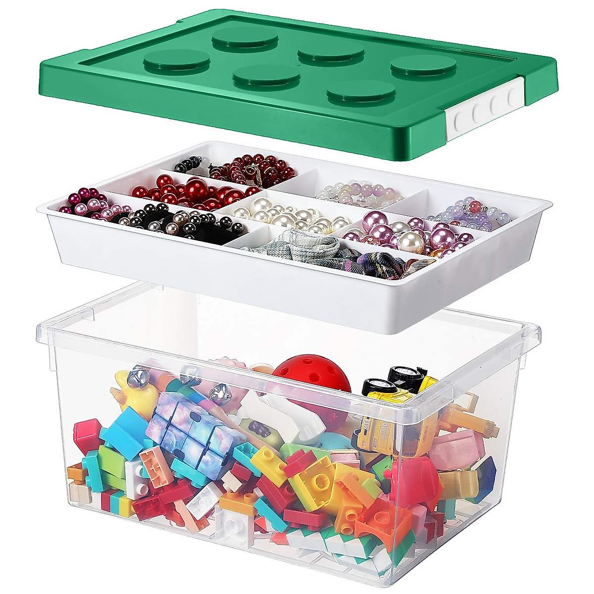 Leinuosen 32 QT Plastic Storage Box with Removable Tray Craft Organizer and Storage Clear Bins with Lids Art Supply Container for Kids Organizing Building Bricks Toys Bead Tool Sewing (Green)