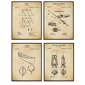 Summer Camping Patent Art Prints - Vintage Wall Art Poster Set - Chic Rustic Farmhouse Home Decor for Adirondack or Lake House, Gift for Campers, Backpackers, Nature Lovers - 8x10 Photo - Unframed
