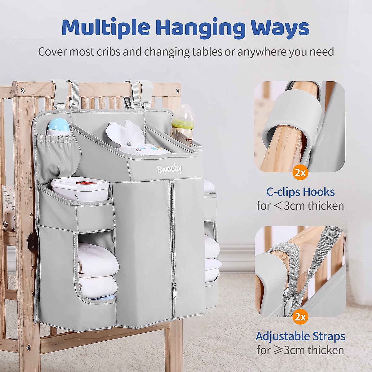 Sweeby Diaper Organizer for Changing Table and Crib Diaper Stacker Nursery Organizers for Cribs Hanging Diaper Caddy Organizer for Baby Essentials