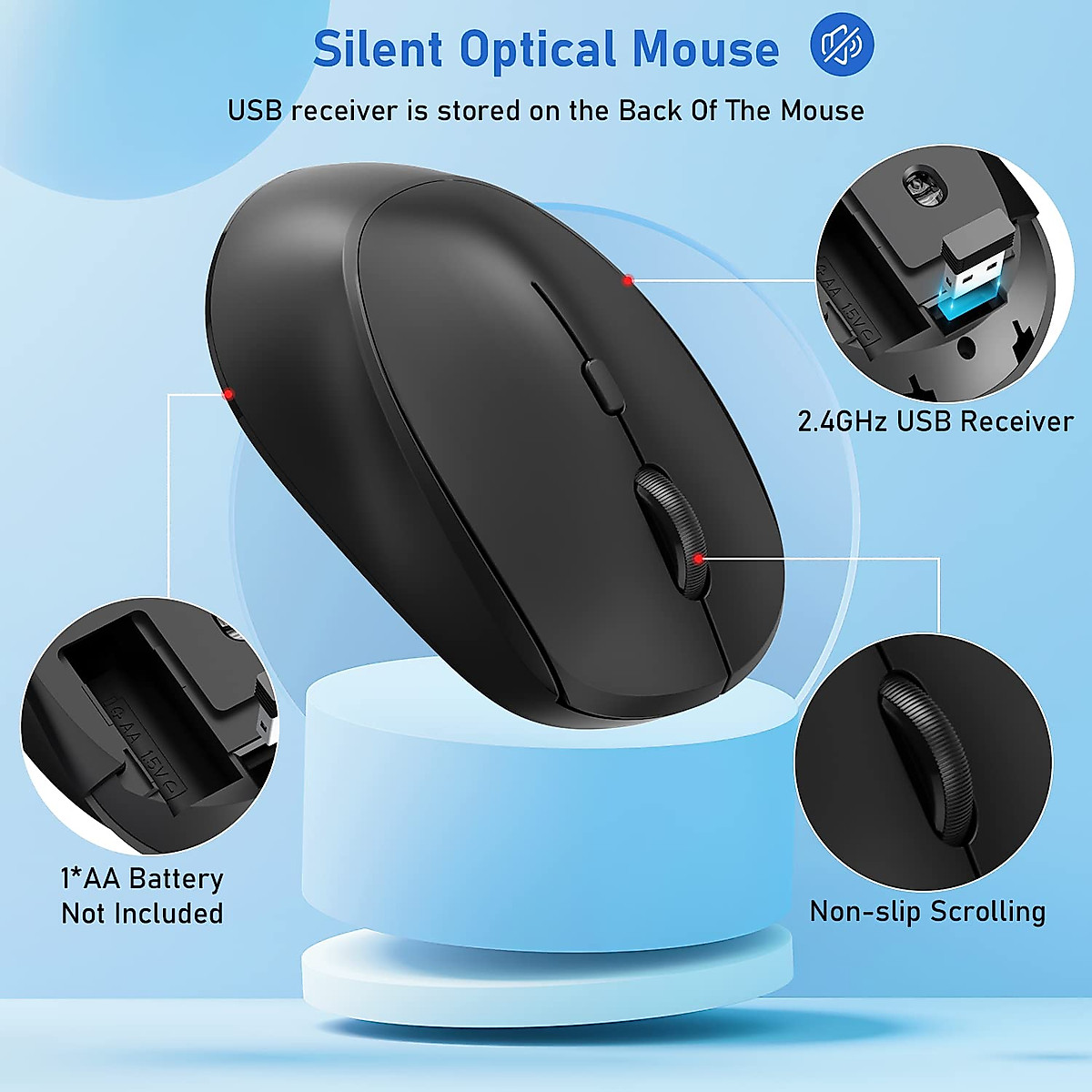 Wireless Keyboard and Mouse, Super Slim Keyboard with Responsive Keys, Silent Mouse and 2.4GHz USB Receiver, Battery Powered Full Size Cordless Combo for Mac, Computer, PC, Chromebook (Black)