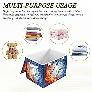 Kigai Water and Fire Baseball Storage Basket with Lid,Collapsible Storage Box Fabric Storage Bin for Closet,Office,Bedroom,Nursery