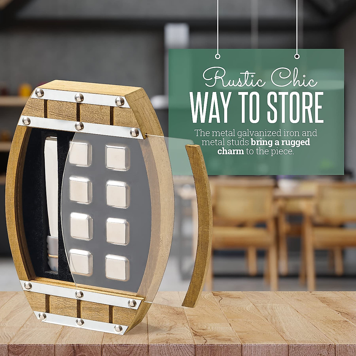 Whiskey Stone Gift Set - 8 Pieces Stainless Steel Cubes in Wooden Barrel Box Display Includes Reusable Stones, Felt Bag & Tongs - Keep Drinks Cold for Scotch, Beer, Wine, Cocktails for Women & Men