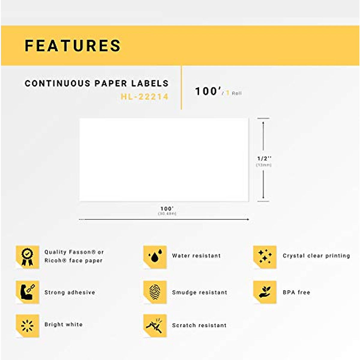 HOUSELABELS Compatible with DK-2214 Replacement Roll for Brother QL Label Printers; Continuous Length Labels; 1/2" 100 feet (12mm*30.48m) with 1 Reusable Cartridge - 6 Rolls