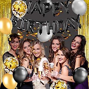 MOVINPE Black Gold Birthday Party Decoration, Black Happy Birthday Banner, Golden Fringe Curtain, Foil Tablecloth, Heart Star Confetti Balloons, 10g Table Confetti for Girl Boy Kids Men Women Adults