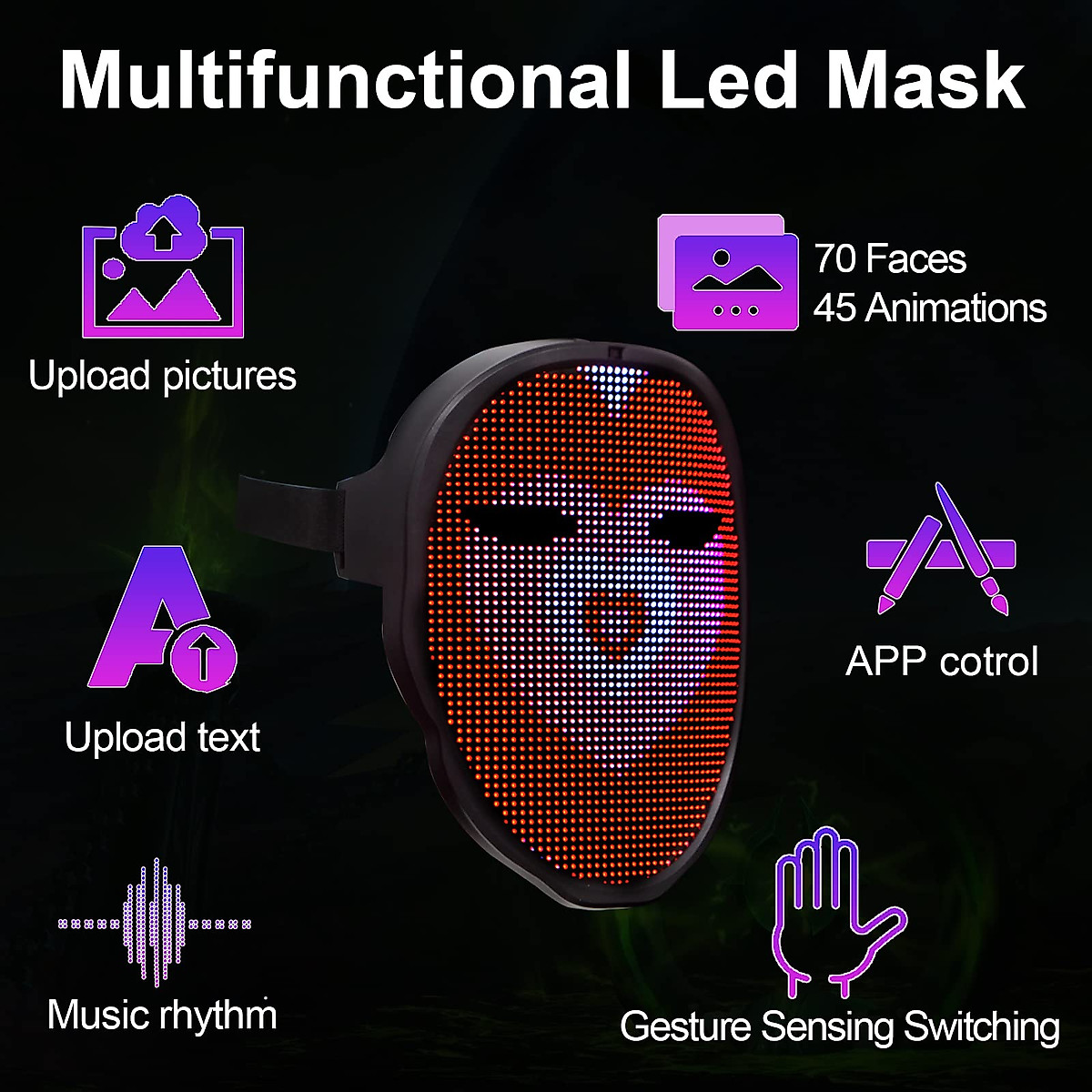 Led Mask with Bluetooth Programmable, Light up Face Mask, for Halloween Masquerade Costume Cosplay Party DJ, Coolest Mask