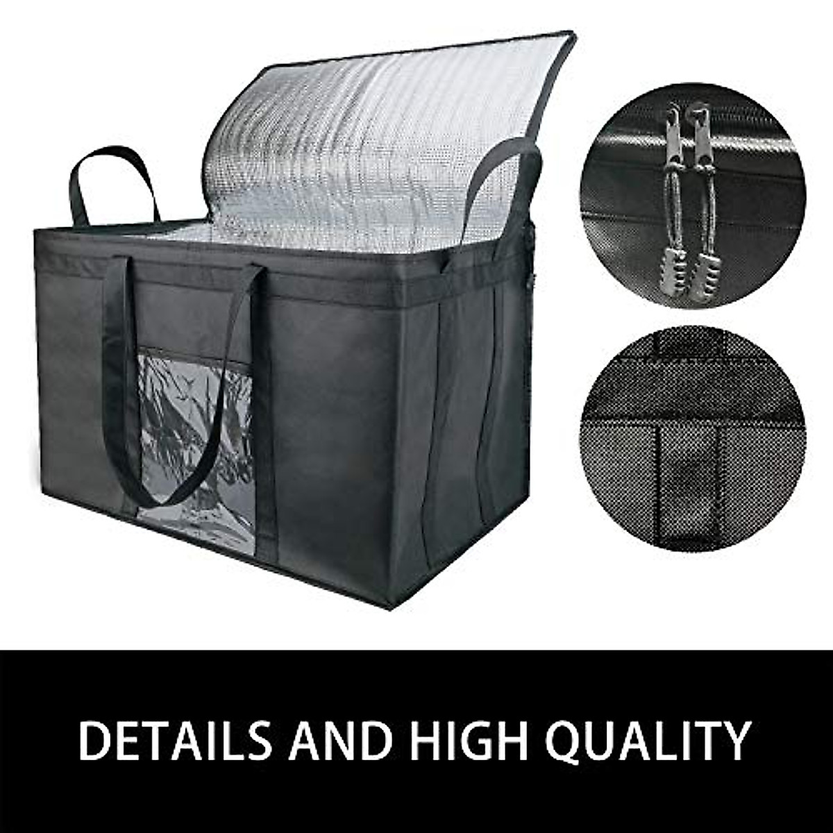 Insulated Food Delivery Bag for Hot and Cold Meal, Grocery Tote Insulation Bag for Catering, Large Pizza Warmer Black 2 Pack