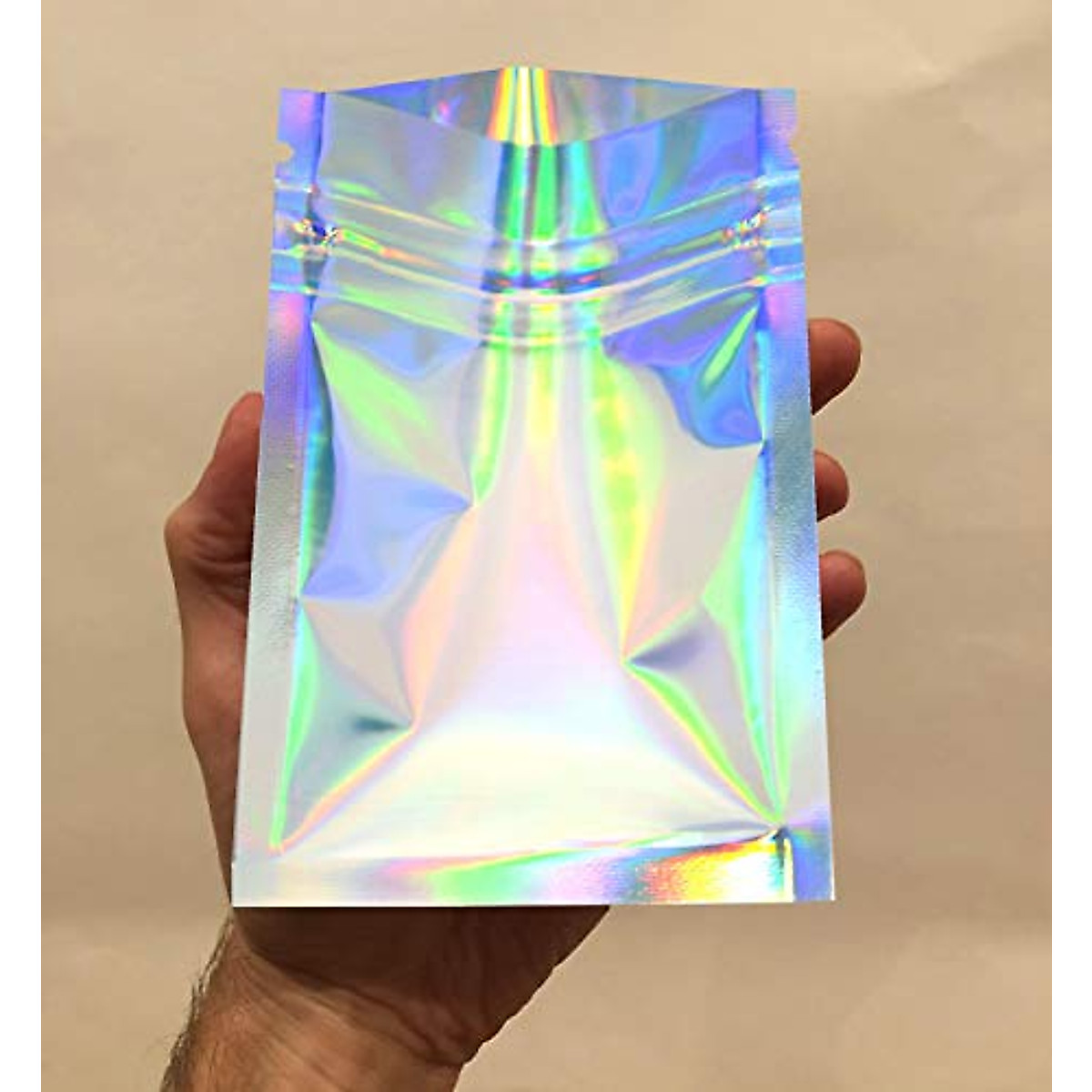 50 - 4x6" Holographic Rainbow Flat Ziplock Double-Sided Reusable Metallic Food Storage Bags (Iridescent)