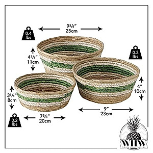 Coastal Green Stripes 3 Piece Basket Set, Shelf Organizers, Corn Husk Wicker, Chunky Rope Weave, Stitched, Diameter 9.75 Inches