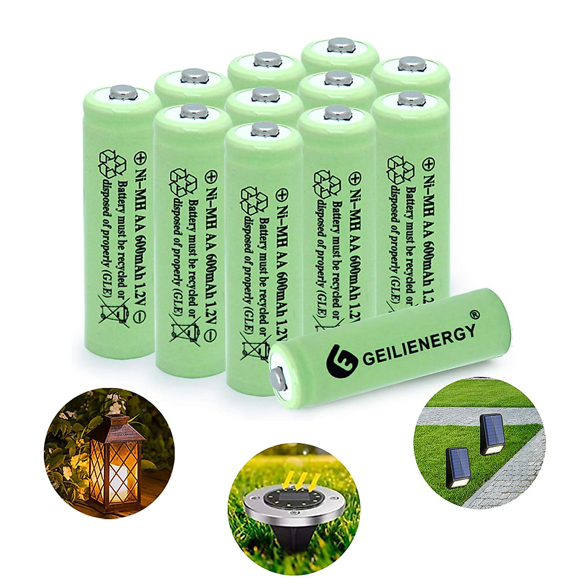 GEILIENERGY 12 Pack NiMH AA 600mAh 1.2V Solar Light AA Ni-mh Rechargeable Batteries for Solar Lights, Garden Lights, Remotes, Mice
