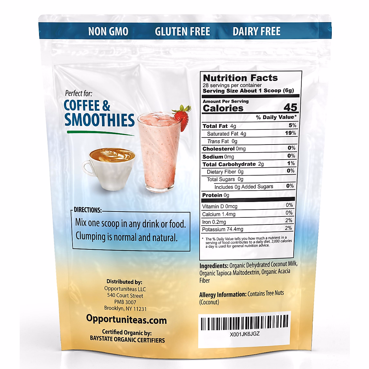 Opportuniteas Coconut Milk Powder - Non Dairy Vegan Creamer For Coffee, Tea, Smoothies, Yogurt & Cooking - Full Fat & Unsweetened For Keto & Paleo Diet - Dried & Powdered at a Low Temperature