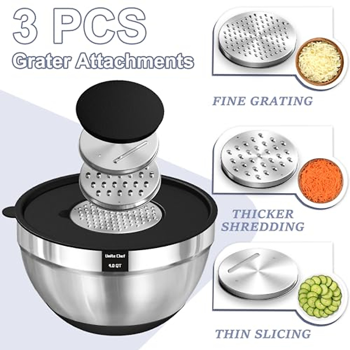 Umite Chef Mixing Bowls with Airtight Lids, 8PCS Stainless Steel Nesting Mixing Bowls Set, 3 Grater Attachments & Non-Slip Bottoms, Black Kitchen Bowls, Size 5, 4, 3.5, 2, 1.5QT for Baking & Serving