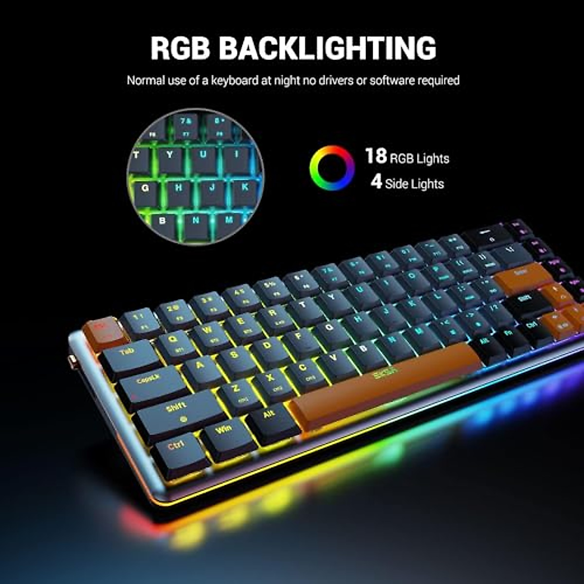 Gaming Keyboard, 65% Low Profile Wireless Mechanical Keyboard with Red Switch, Bluetooth 5.0/ 2.4G/ Wired RGB Lighting Keyboards for Travel Office PC, Compatible with Mac OS and Windows, Volume Slider