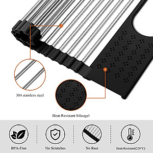 BRAQ Roll Up Dish Drying Rack 17.32" x 14.56" Portable Stainless Steel Sink Rack with 1 Storage Baskets Over The Sink Dish Drying Rack for Kitchen Dishes Cups