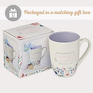 Christian Art Gifts Ceramic Scripture Coffee and Tea Mug for Women 12 oz Lavender Floral Inspirational Bible Verse Mug - Strength and Dignity - Proverbs 31:25 Lead-free Novelty Mug