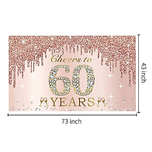 Large Cheers to 60 Years Birthday Decorations for Women, Pink Rose Gold Happy 60th Birthday Banner Backdrop Party Supplies, Sixty Birthday Poster Background Sign Decor