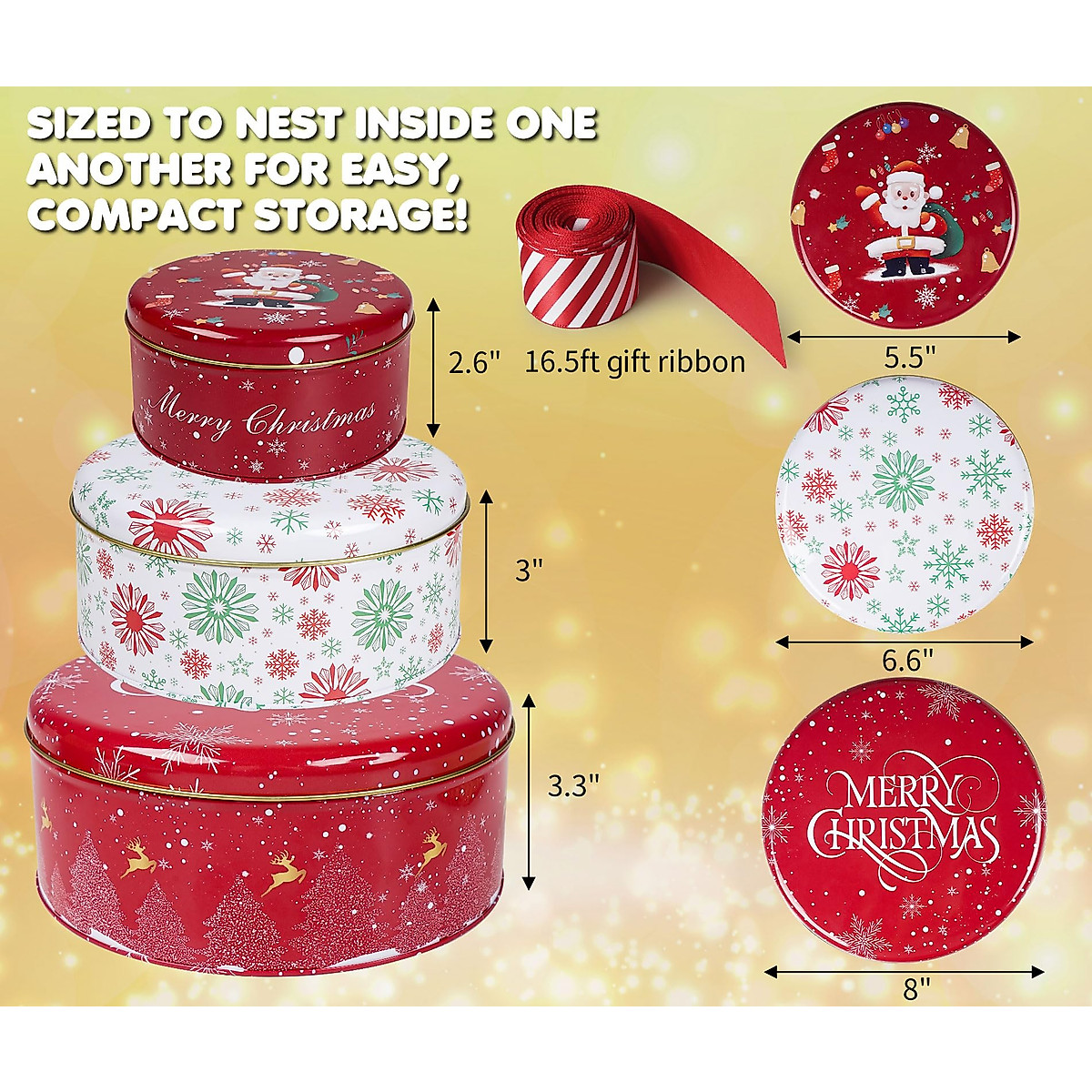 JOYCUBE Cookie Tins with Lids, 3 Pack Christmas Cookie Tins with 16.5ft Gift Ribbon, Festive Cookie Cake Containers Tins for Gift Giving & Holiday Treats, Round Metal Nesting Containers