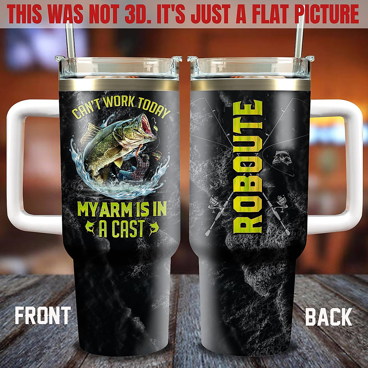 WAZONE Personalized Fishing 40oz Tumbler with Handle and Straw Lid Can't Work Today My Arm Is In A Cast Stainless Steel Travel Mug Birthday Christmas Gifts for Men Fisherman Fishing Lovers