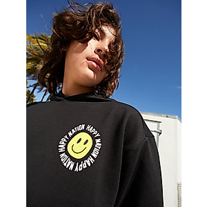 Happy Nation Relaxed Fleece Hoodie Sweatshirt, Pure Black, Medium