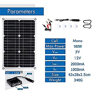 DSJ 12V 180W Protable Solar Panel Kit with 10A/20A LCD Display/2 USB Port Solar Charge Controller Off Grid Monocrystalline Module/40A