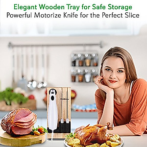NutriChef Electric Carving Slicer Kitchen Knife - Portable Electrical Food Cutter Knife Set with Bread and Carving Blades, Wood Stand, For Meat, Turkey, Bread, Cheese, Vegetable, Fruit PKELKN16