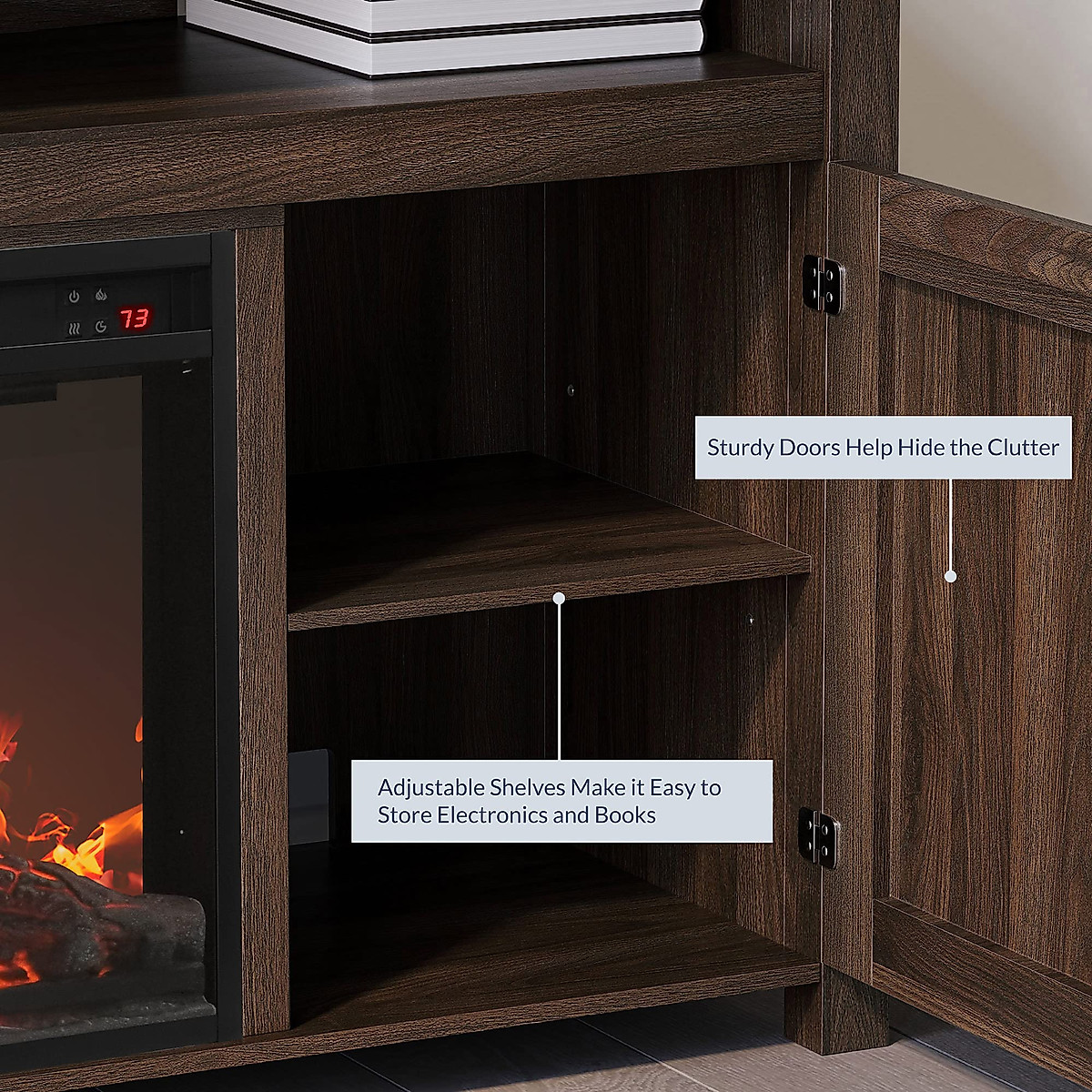 BELLEZE Modern 48" Barn Door Wood TV Stand with 18" Electric Fireplace Heater & Media Entertainment Center Console Table for TV up to 50" with Two Open Shelves and Cabinets - Corin (Dark Walnut)