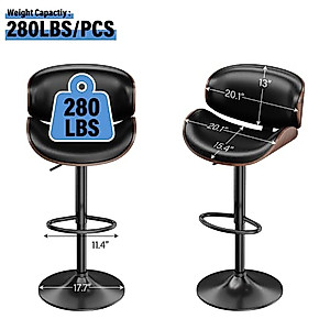 Aowos Adjustable Swivel Bar Stools Set of 2, Mid-Century Modern PU Leather Upholstered Counter Height Bar Stool, Kitchen Island Barstoosl with Back, Black