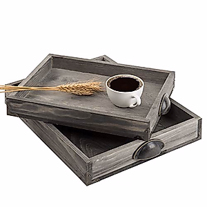 MyGift Vintage Gray Wood Large Serving Trays with Handles and Antique Metal Corners, Set of 2