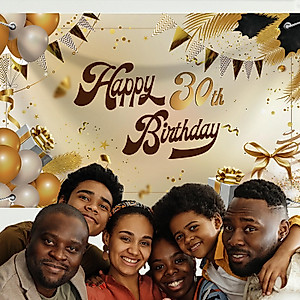 Bing-Haoze 30th Happy Birthday Backdrop Banner- 71“x 44” Gold Happy Birthday Decorations Banner Party Decorations Supplies Photo Background for Men Women Birthday Party