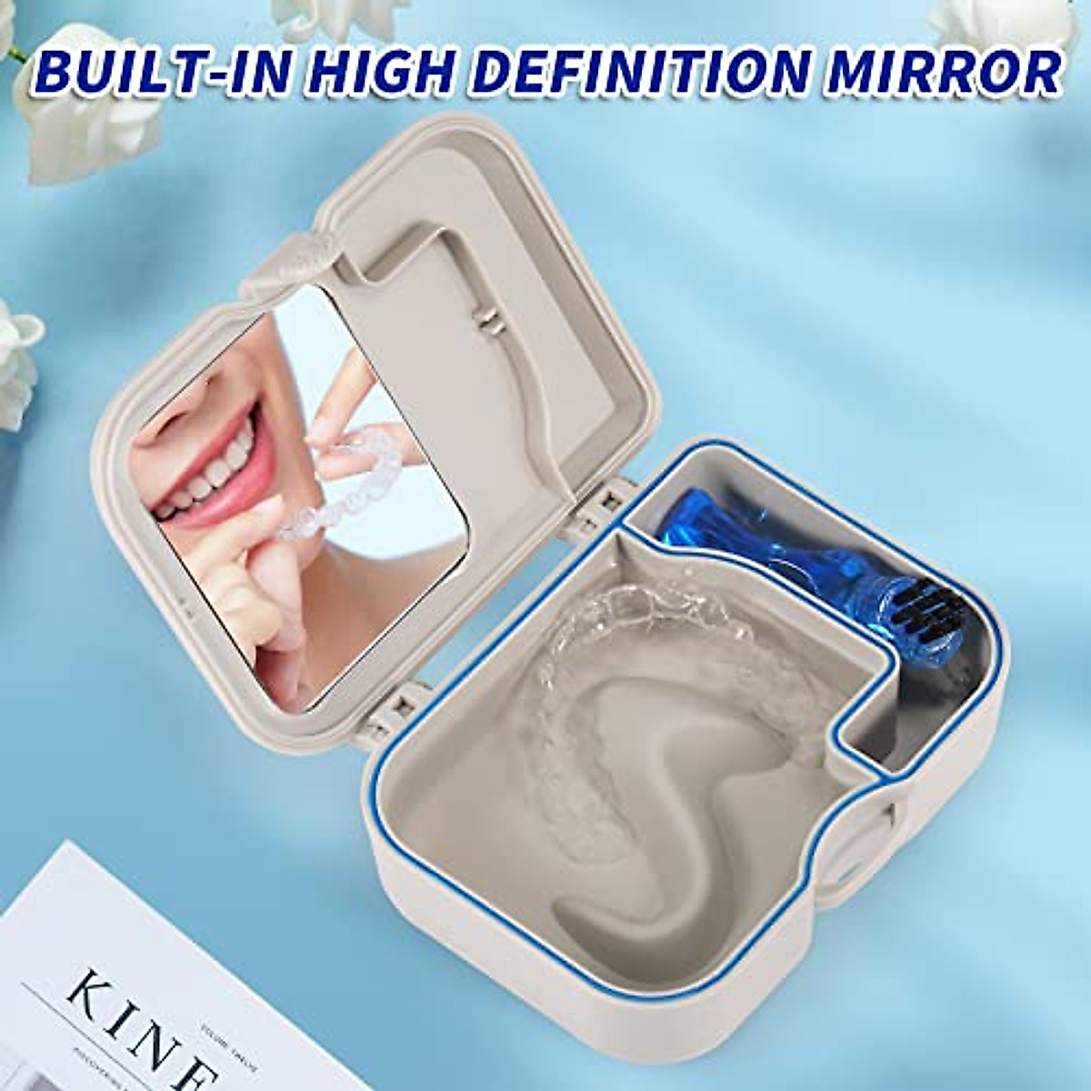 Annhua Denture Cup Bath Box Case with Mirror and Cleaning Brush, Dental Case with Brush Retainer Cleaning Case Mouth Guard Storage Soaking Cup Holder for Travel, Office, Household Use