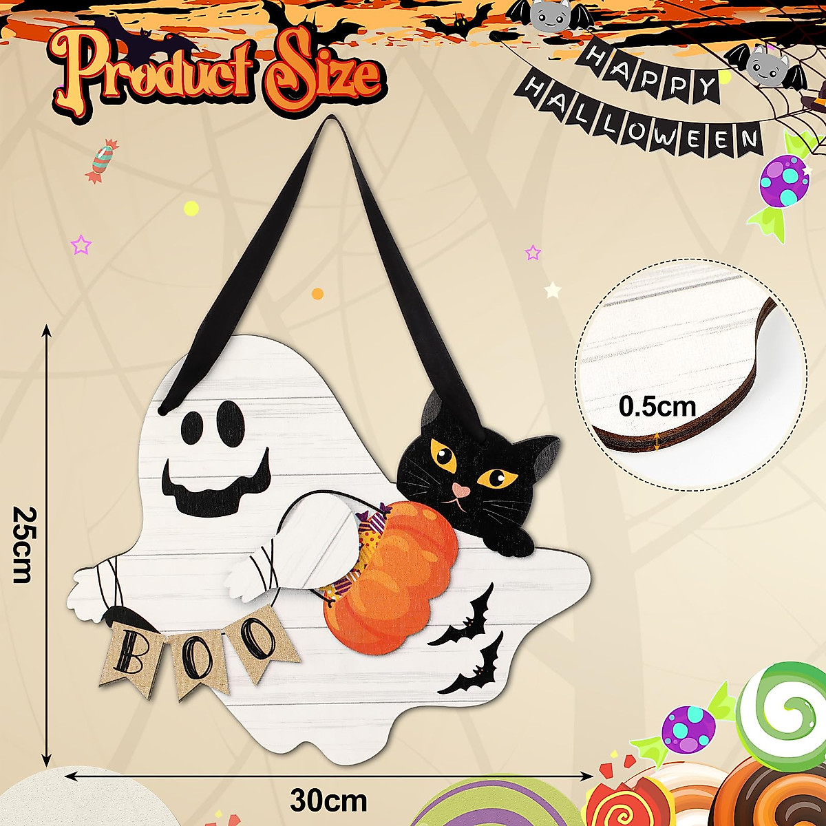 Amyhill Halloween Boo Decorations Wooden Ghost Hanging Sign 3D Black Cat Front Door Hanger Halloween Wreaths Spooky Welcome Sign for Halloween Indoor Outdoor Wall Home Porch Party Haunted House