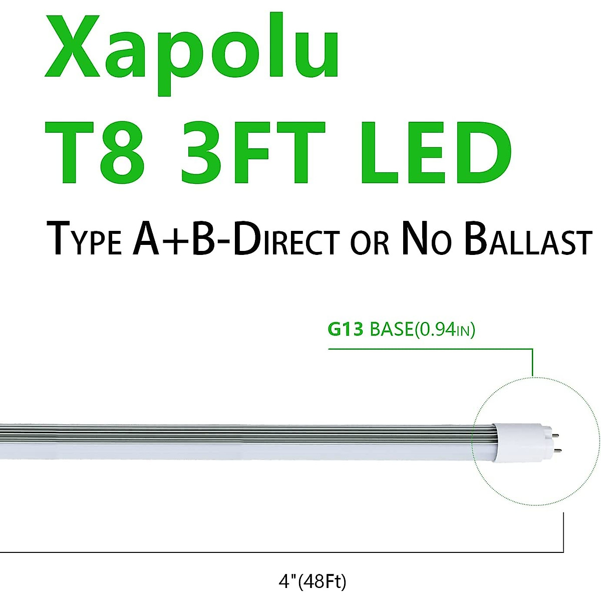 Xapolu 3FT T8 T12 LED Tube Light 15W 2100lm(26W Eqv.), 36 inch 4000K Cool White LED Light Bulb, F30T8/F30T12 Fluorescent Replacement, Ballast Compatible or Bypass, Dual-Ended, UL&DLC Listed(1pcs)