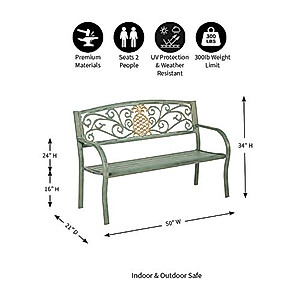 Plow & Hearth Weatherproof Pineapple Outdoor Bench | Holds Up to 300 lbs | Garden Patio Porch Park Deck | Metal | Green