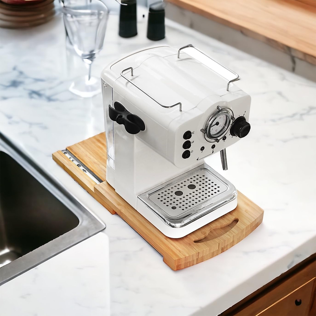 FabSix Bamboo Kitchen Appliance Slider for Counter - Small Appliance Slider - Under Cabinet Sliding Tray for Counter - Sliding Tray for Coffee Maker, Appliance Sliders for Kitchen Appliances.