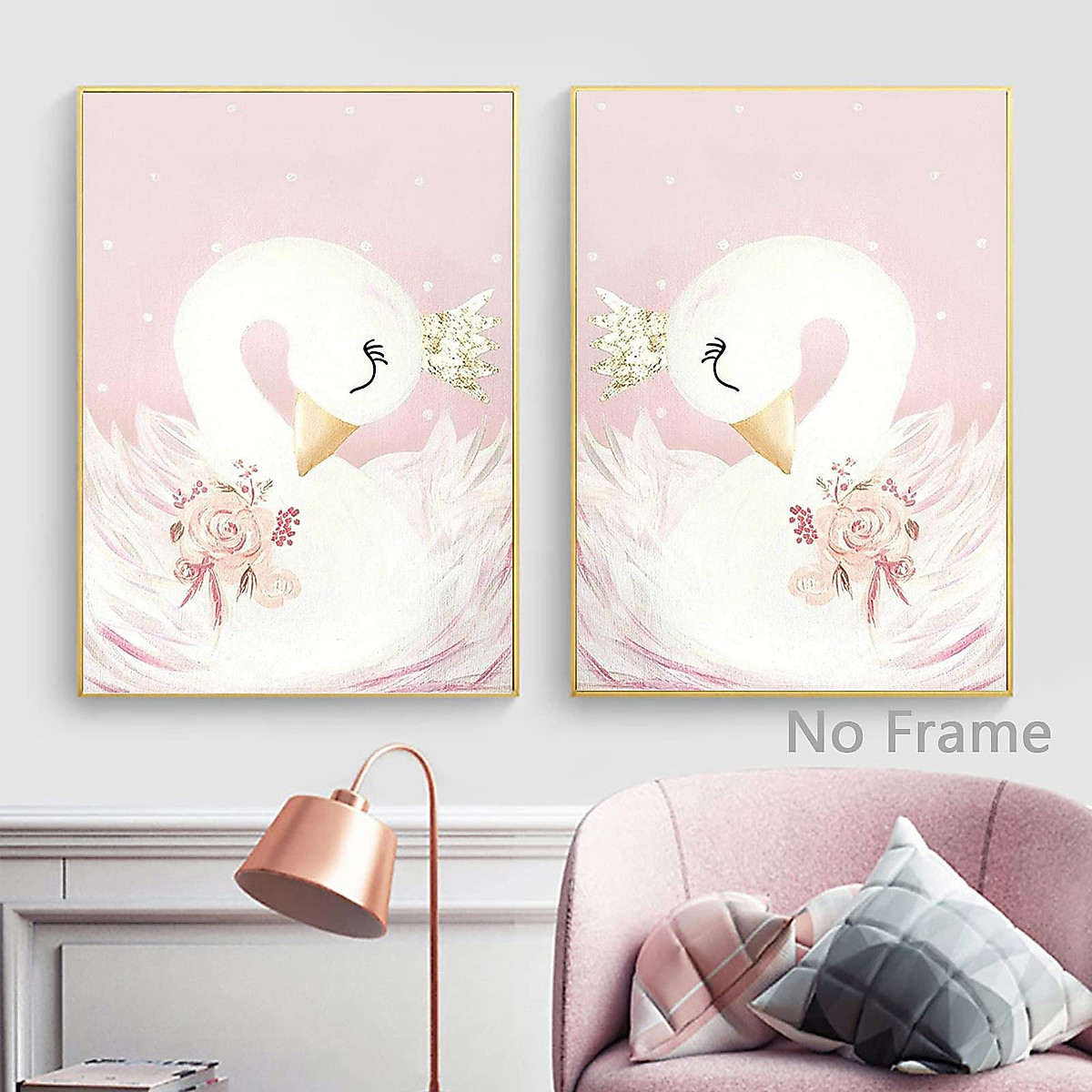 Bfgsrtcbox White Swan Decor Art Gold Crown Wall Art Pink Swan Princess Posters Canvas Painting Baby Girls Room Wall Prints