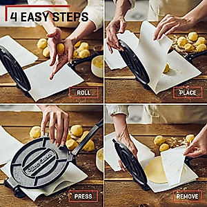 Uno Casa Cast Iron Tortilla Press - 8 Inch Tortilla Maker, Pre-Seasoned Roti Maker with 100 Pcs Parchment Paper, Heavy Duty Quesadilla Maker - Pataconera for Flour Tortilla, Tawa