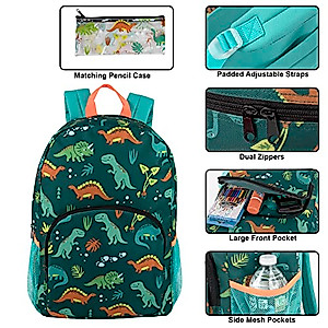 Trail maker Boys Backpack and Pencil Case Set for Kindergarten, Elementary School, 17 Inch Kids Backpack with Side Pockets (Goofy Grinning Dinos)